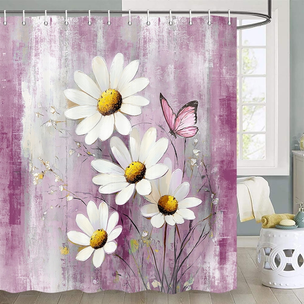 Red Daisy Floral Shower Curtain, Farm Rustic Farmhouse and Butterfly on ...