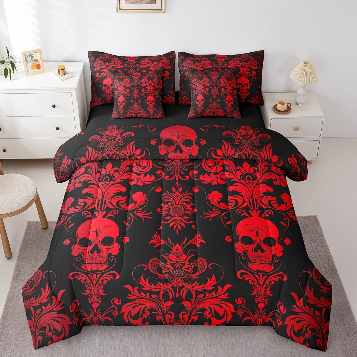 Red Damask Comforter Set,7 Pieces Baroque Gothic King Bed in a Bag ...
