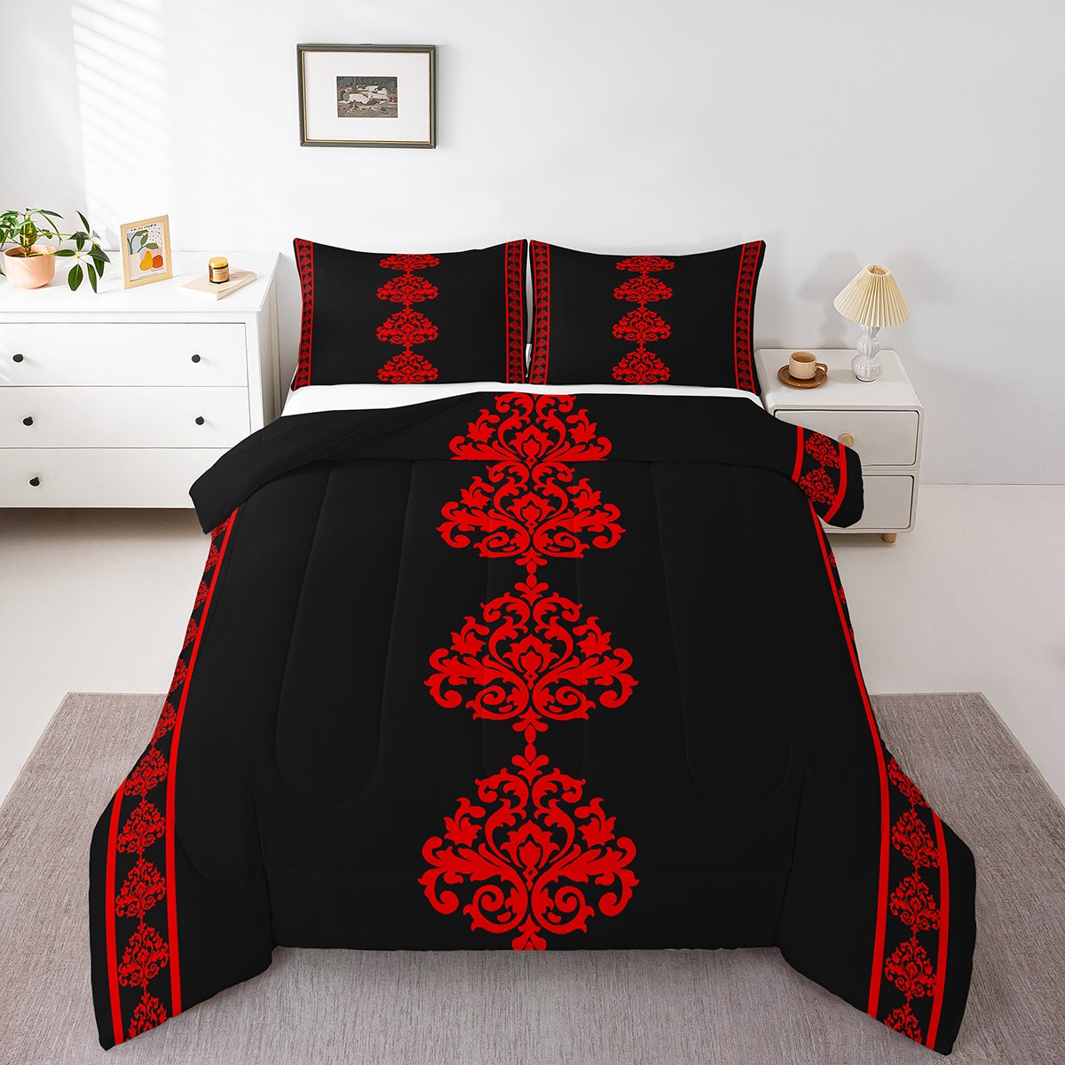Red Damask Comforter Set Bohemian Ombre Bedding Sets for Adult Women ...