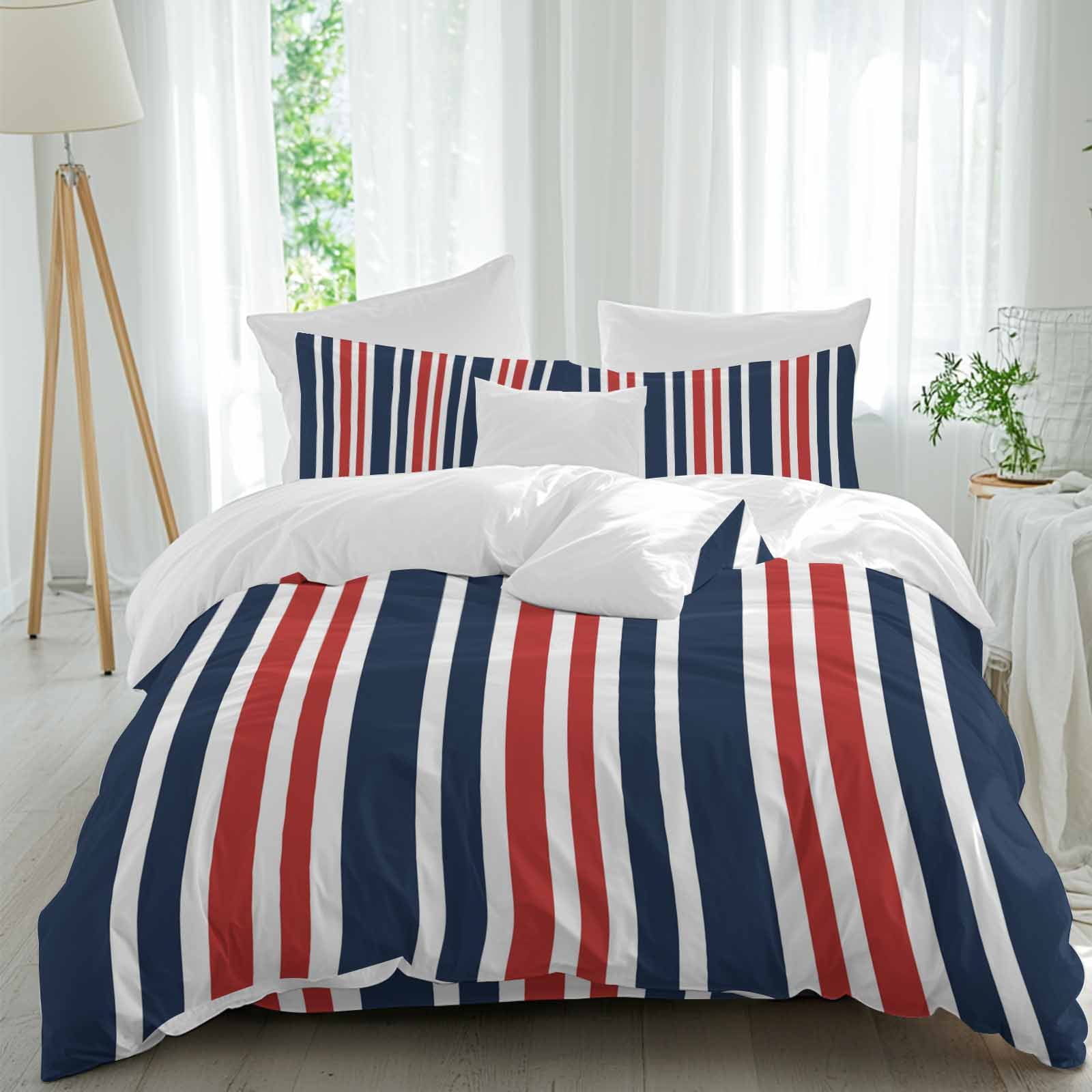 Red Dark Duvet Cover Set Full Size, Blue Striped Minimalist Contrast ...