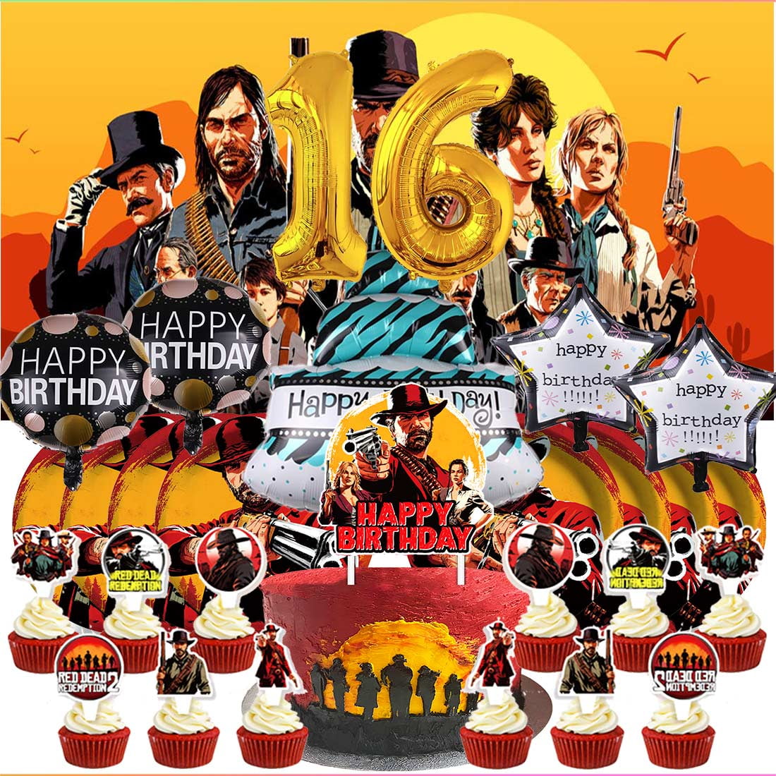 Red Dead Redemption 16th Tableware Balloons Cake Toppers Backdrop ...