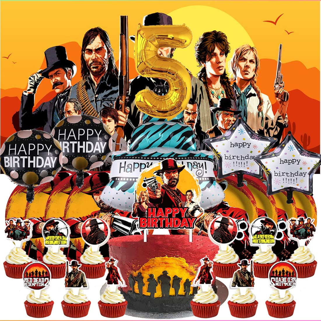 Red Dead Redemption 5th Tableware Balloons Cake Toppers Backdrop Banner ...