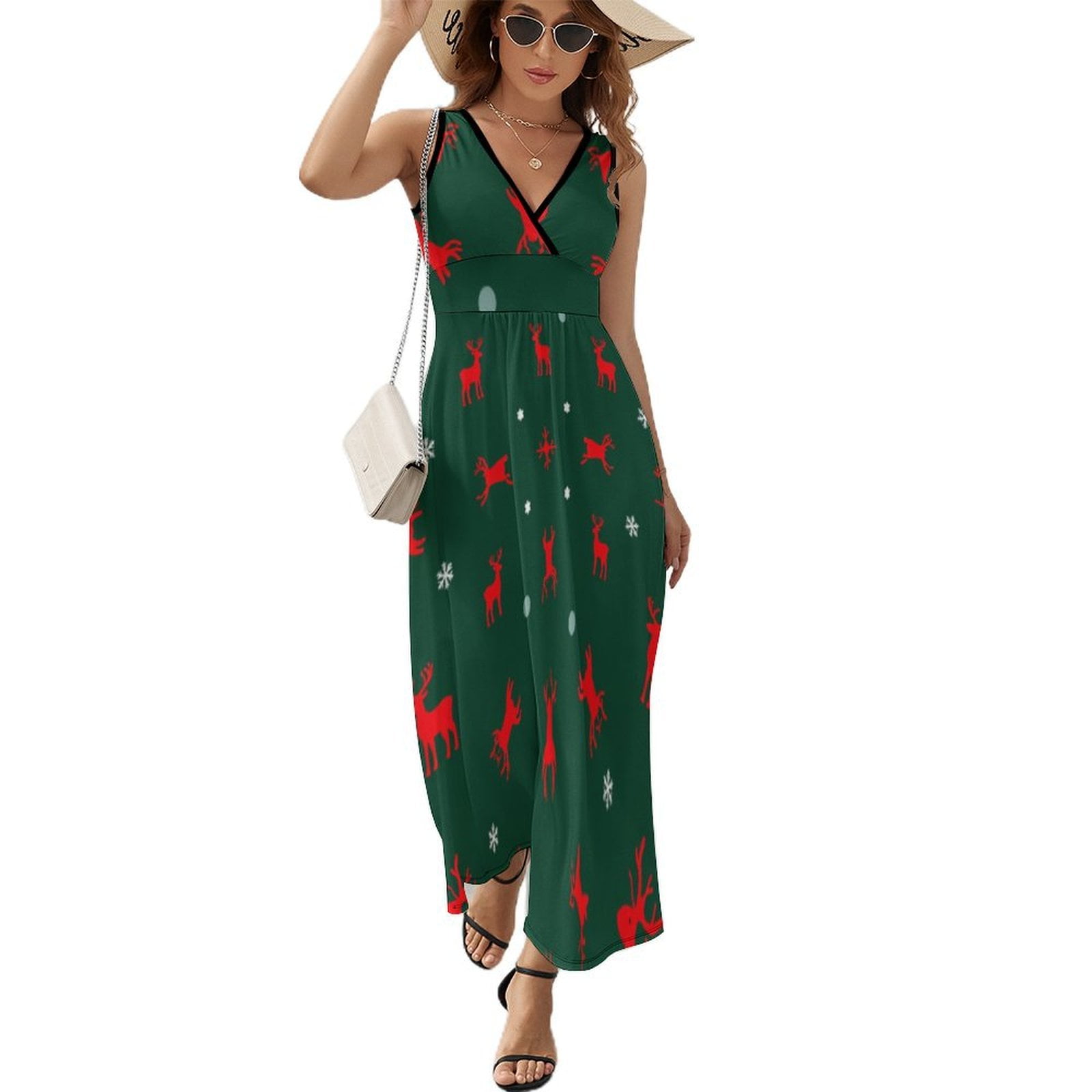 Red Deer Green Background Pattern Dress Fashion Boho Beach Long Dresses ...