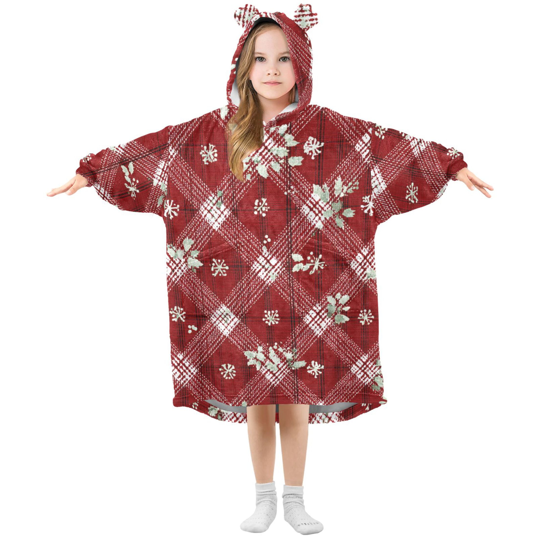 Red Diagonal Christmas Leaves Snow Flannel Wearable Blankets Hooded Design Long Sleeves Wrap ...