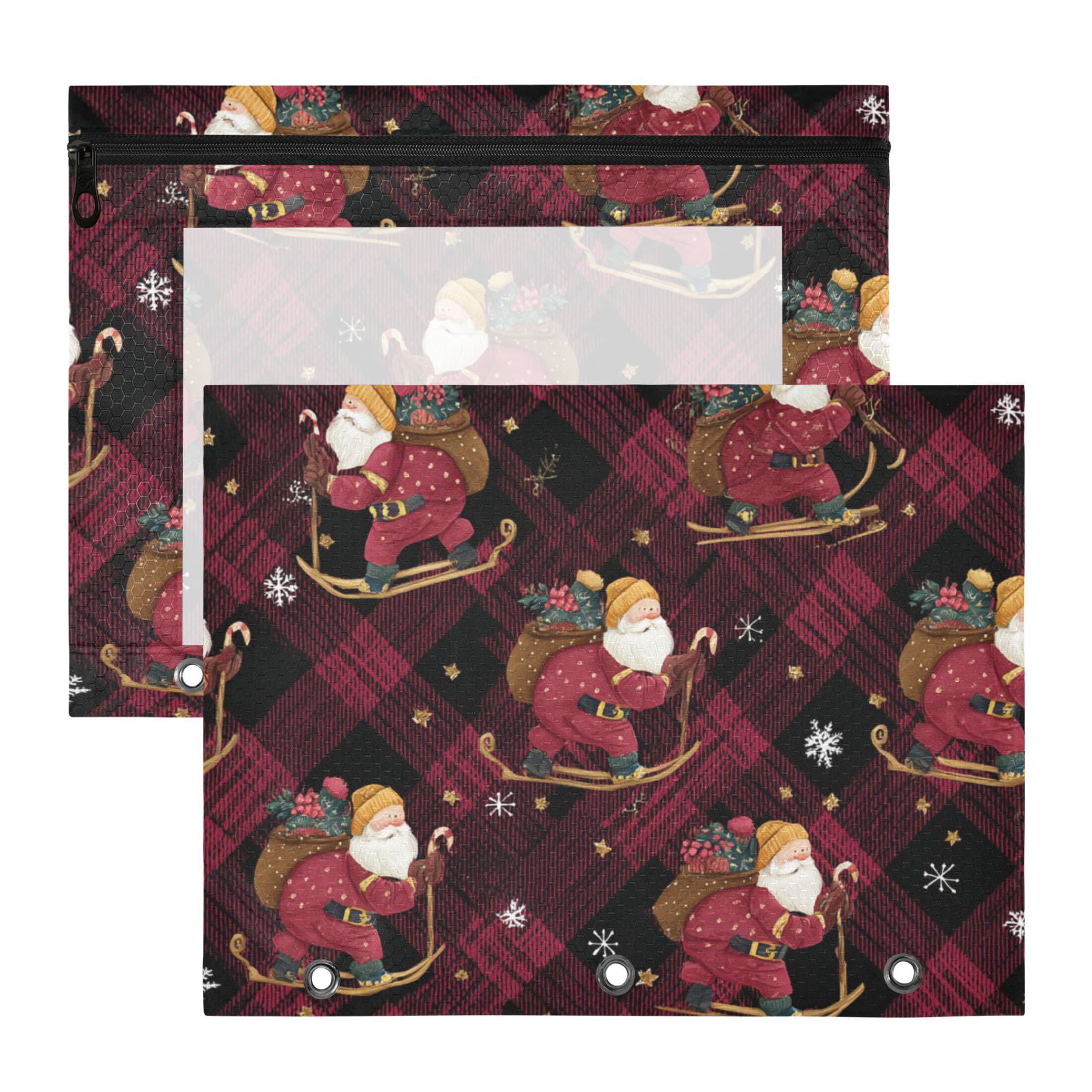 Red Diagonal Plaids Christmas Santa on Sleigh 3-Ring Binder Pocket with ...