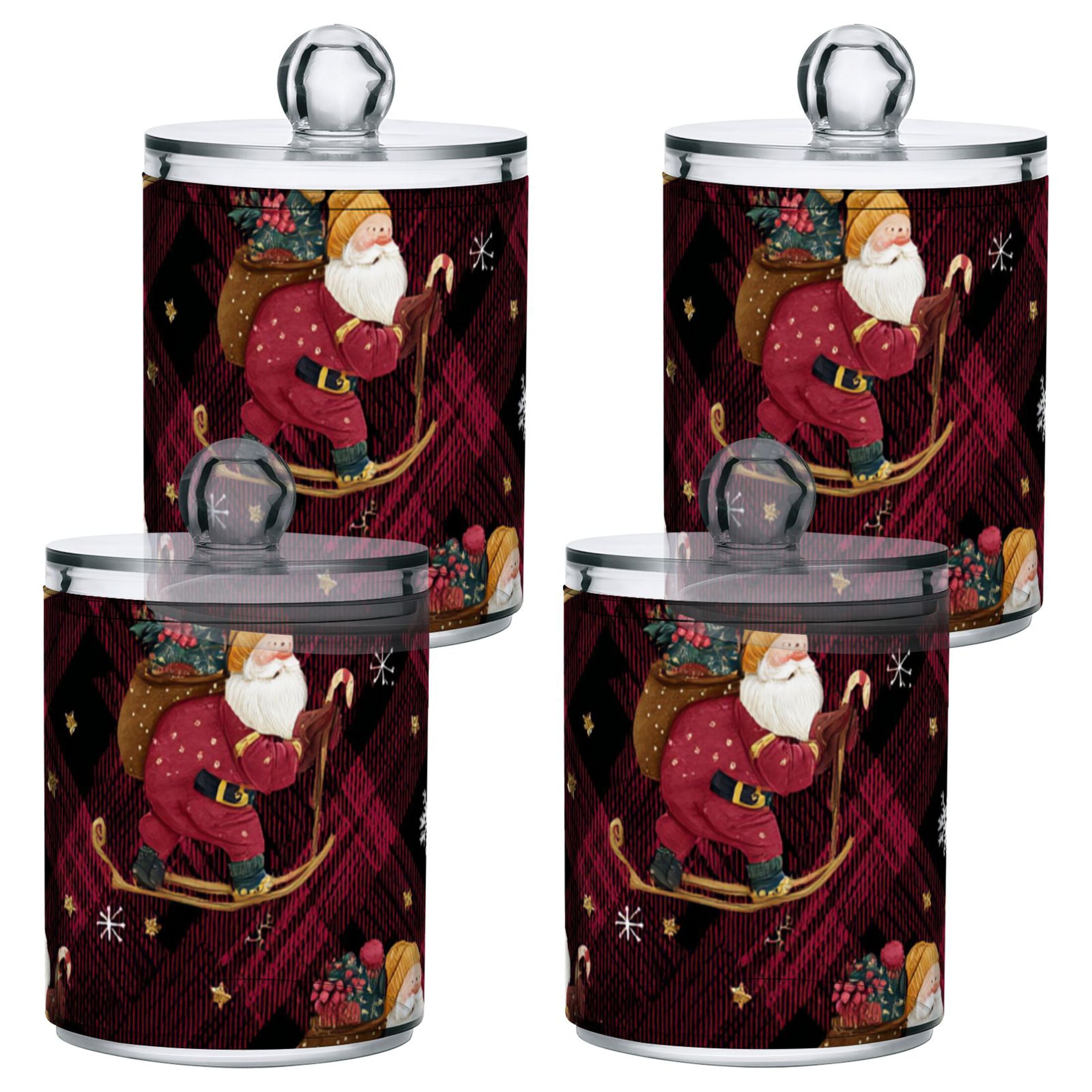 Red Diagonal Plaids Christmas Santa on Sleigh Translucent Plastic Cans ...