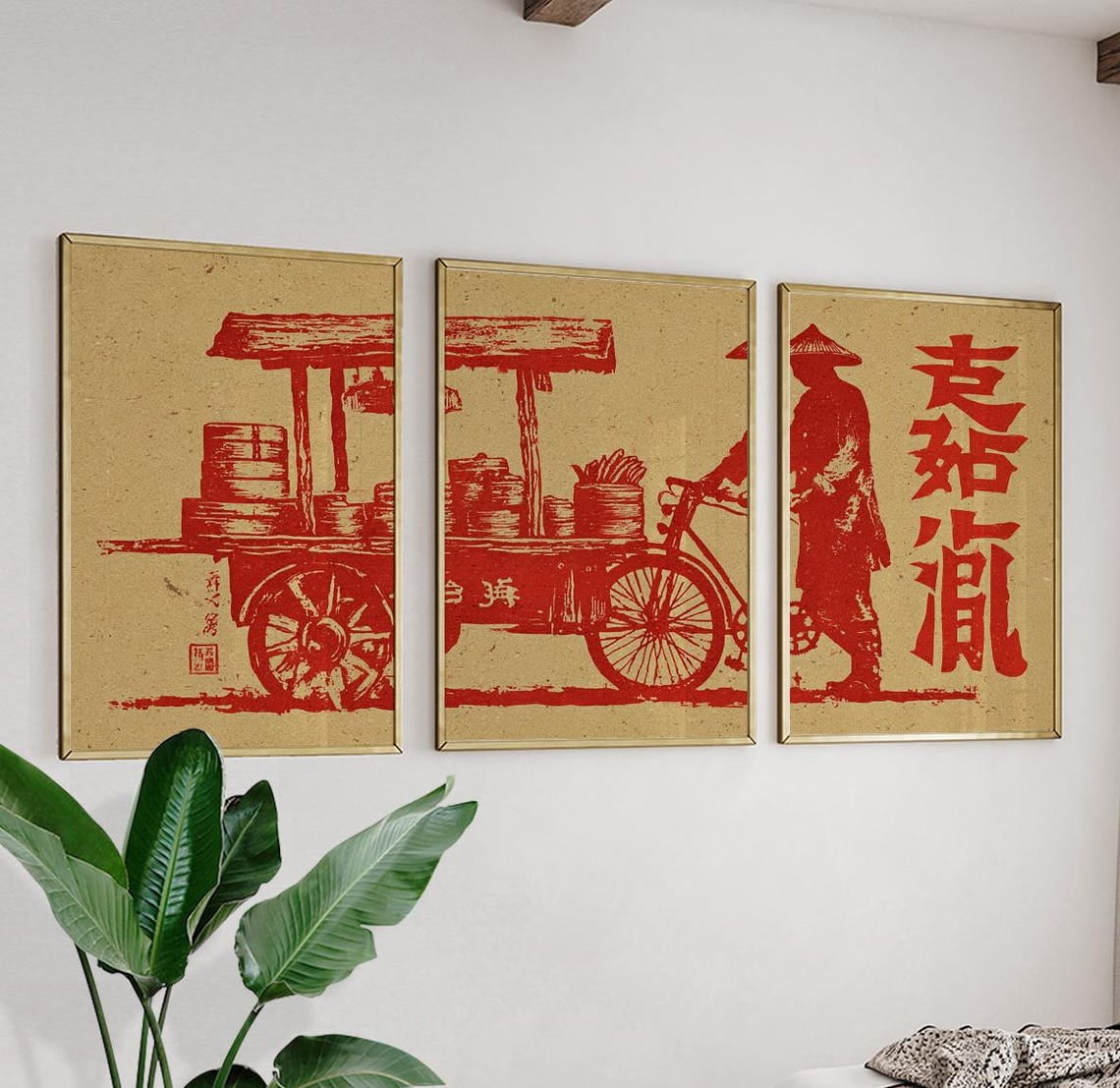 Red Dim Sum Cart Vintage Linocut Style Chinese Food Art Set 3 Stretched ...