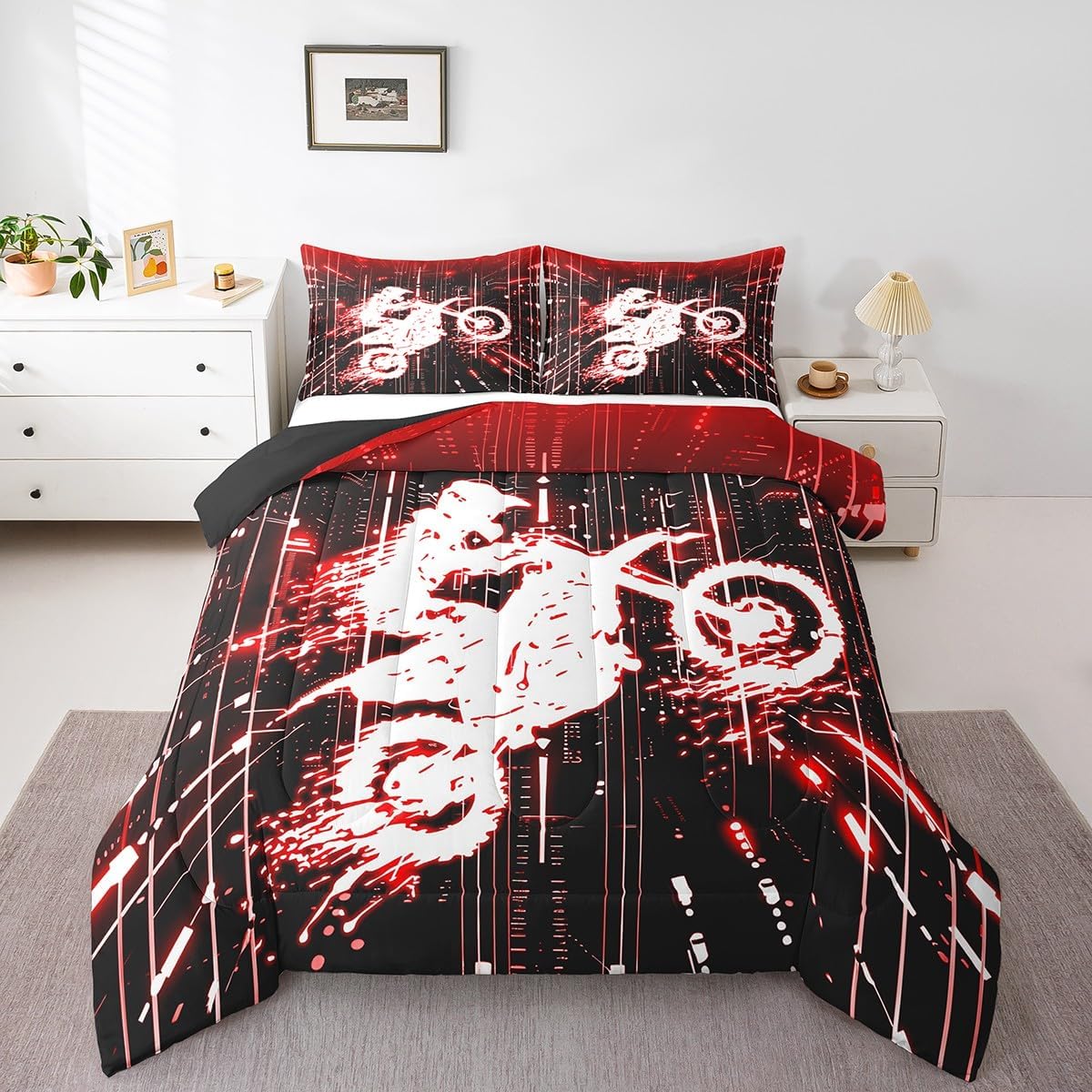Red Dirt Bike Bedding Set for Kids, Queen Size Comforter Set for Boys and Girls Featuring Racing ...