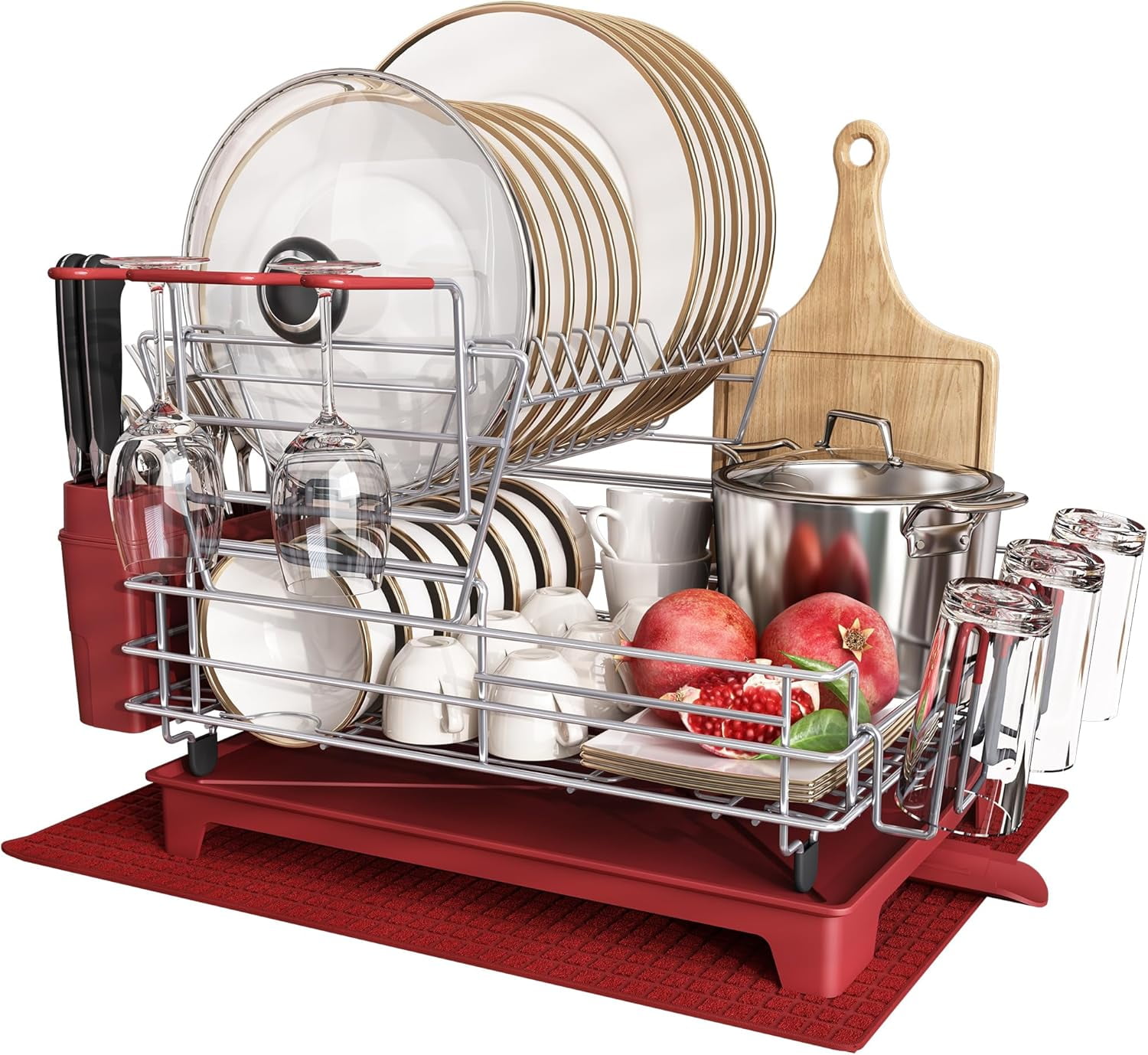 Red Dish Drying Rack Drainboard Set, 2 Tier Stainless Steel Dish Racks ...