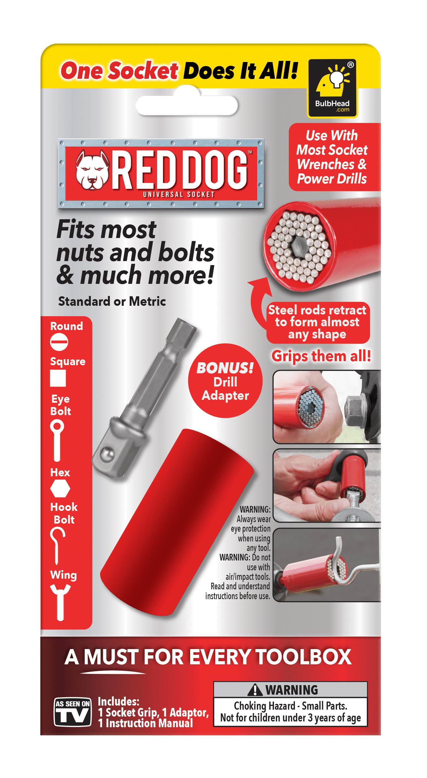 Red Dog Universal Socket with Bonus Drill Adapter, Fits Most Nuts and ...