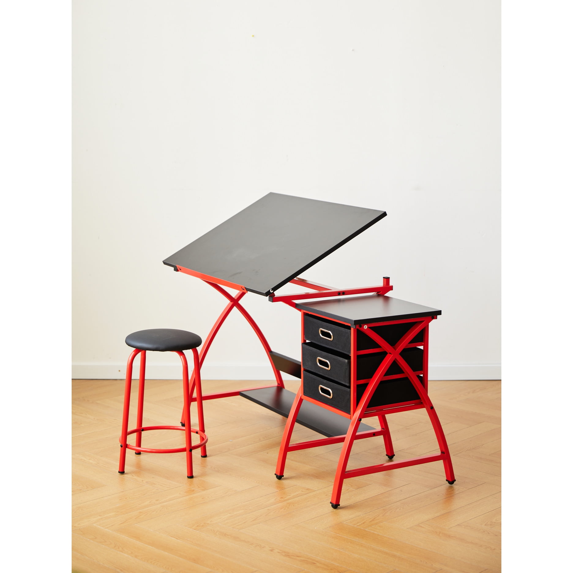 Red Drafting Table With Companion Stool - 3 Drawer Storage, Adjustable ...