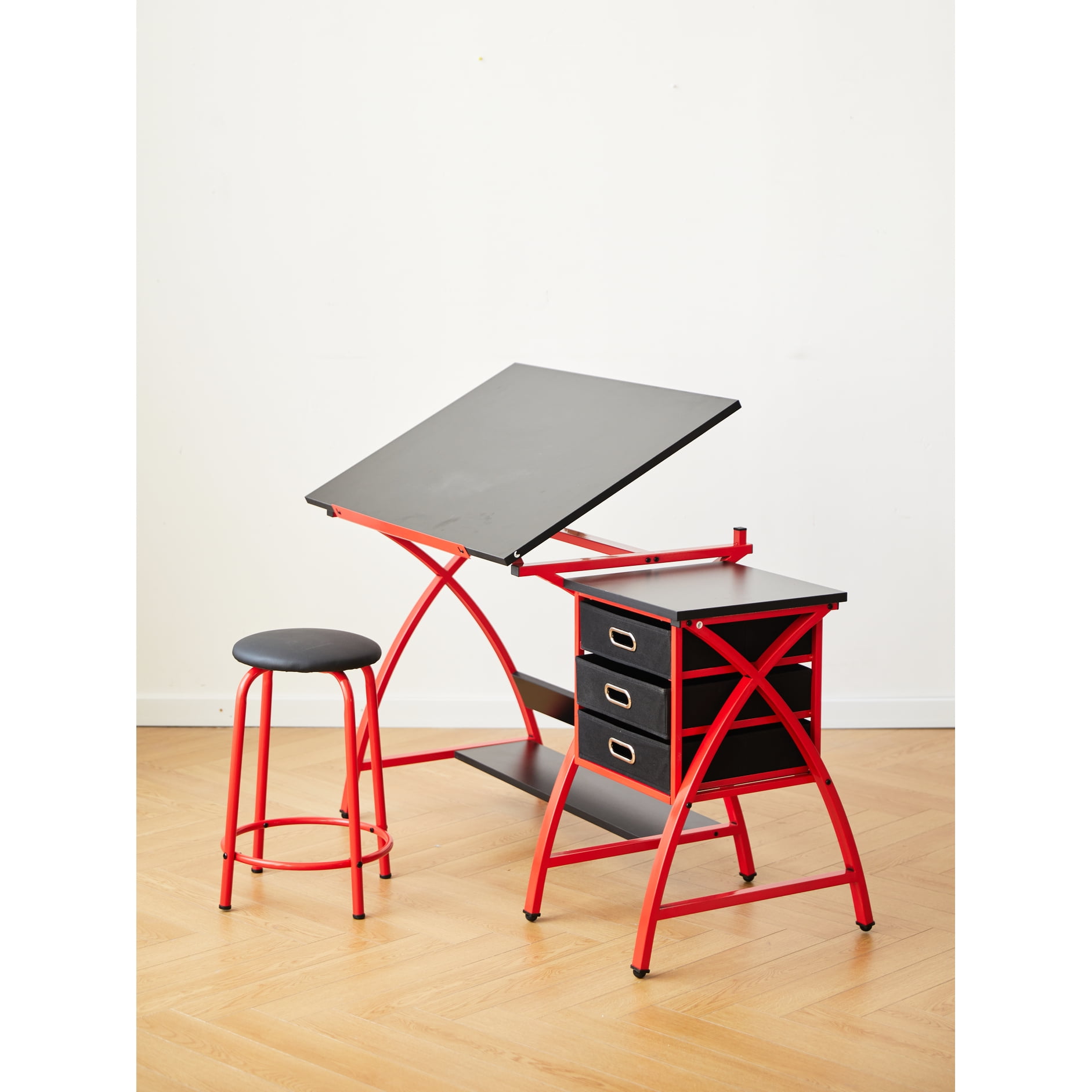 Red Drafting Table And Stool - 3 Drawer Storage, Adjustable Desktop ...