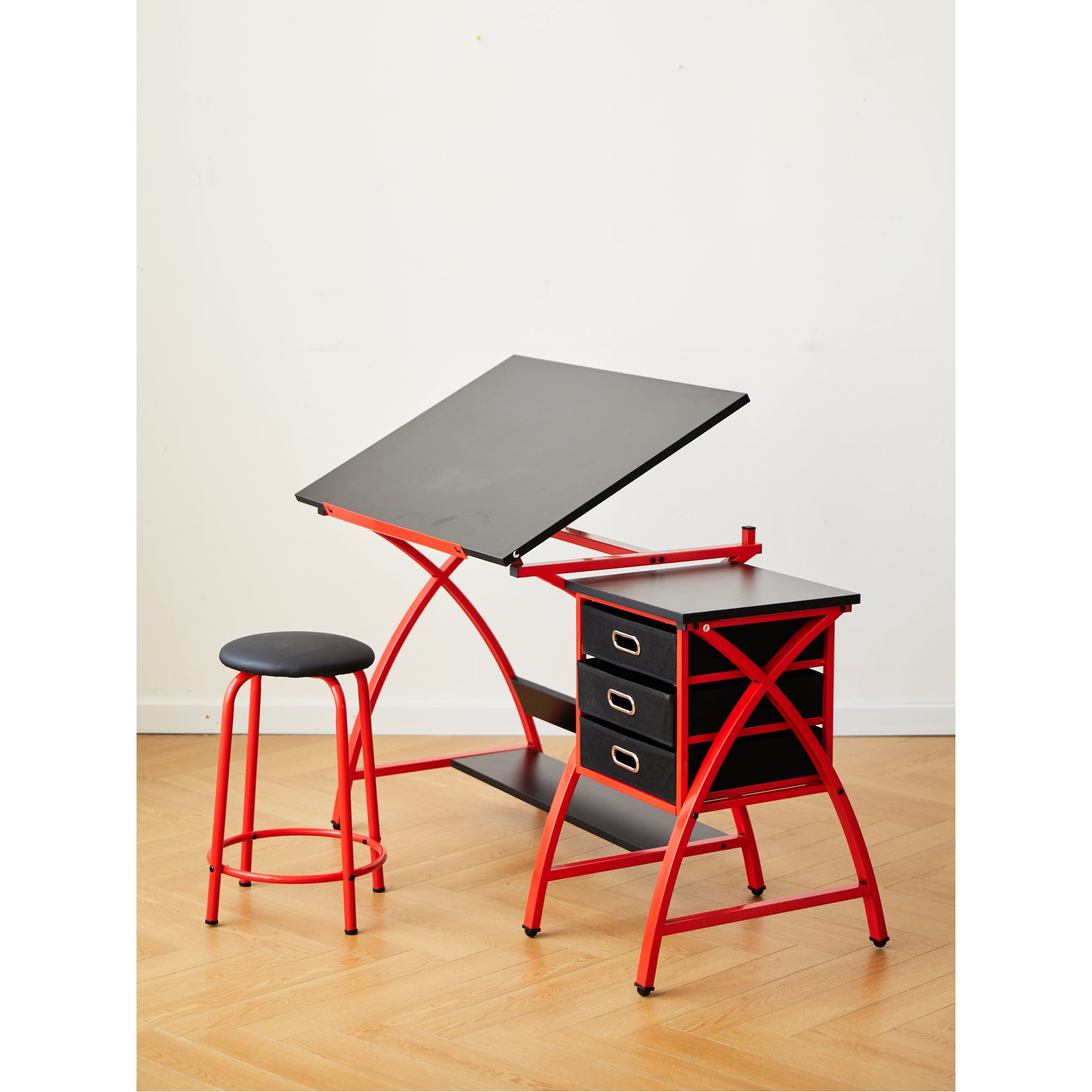 Red Drafting Table With Partner Stool - 3 Drawer Storage, Adjustable ...
