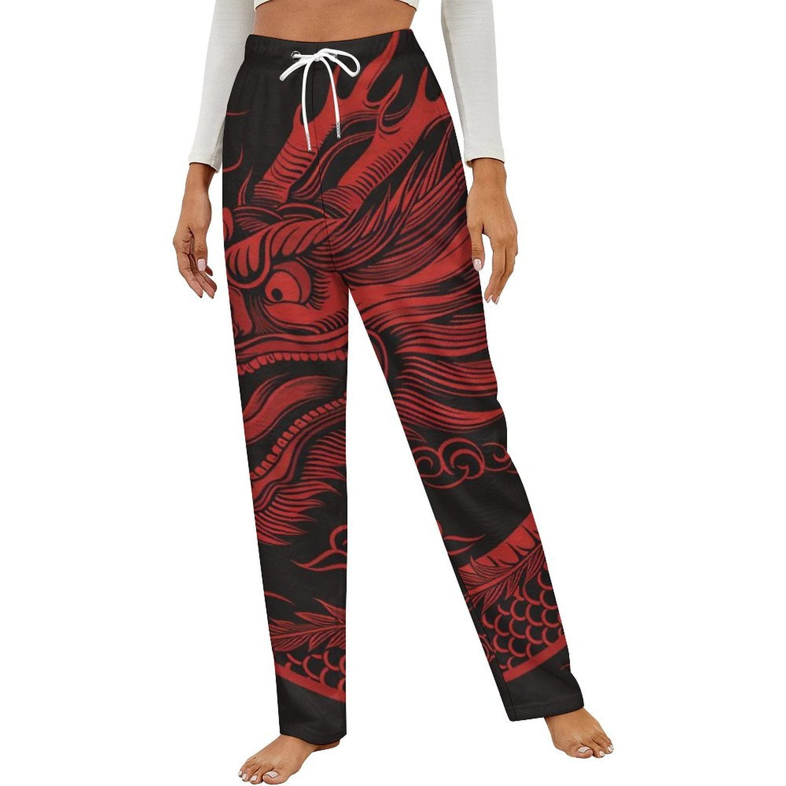 Red Dragon Circle Art Winter Female Pants Flannel High Waist Women ...