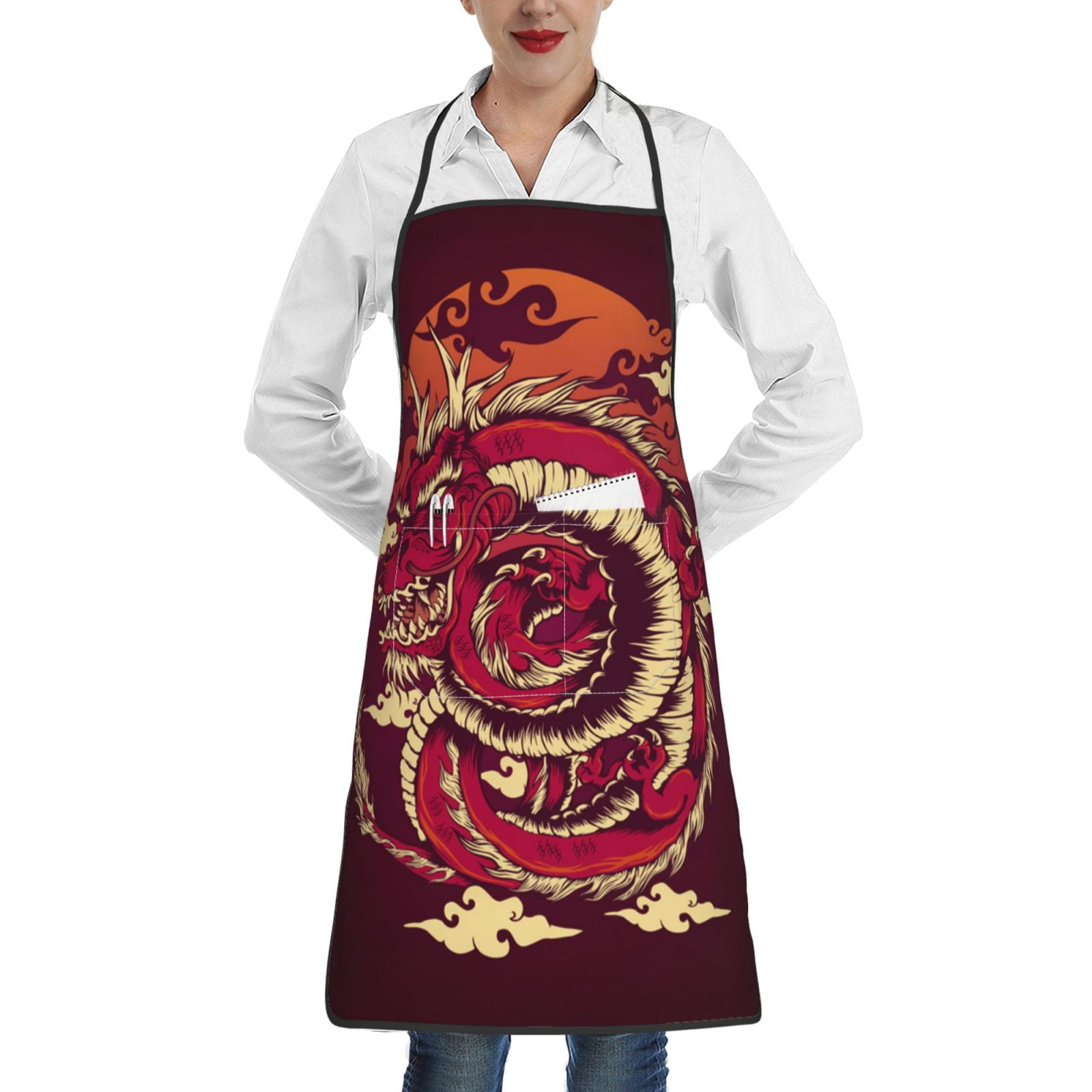 Red Dragon Cloud Japan Traditional Apron with Pocket Cooking Waterproof ...