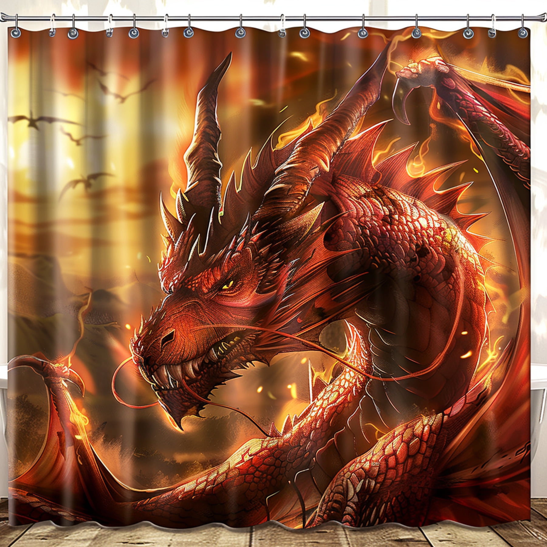 Red Dragon Fantasy Battle Scene Shower Curtain Epic Dragon Design with ...