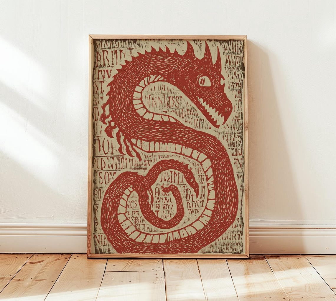 Red Dragon Linocut Mythical Creature Nordic Folk Rustic Medieval Decor ...