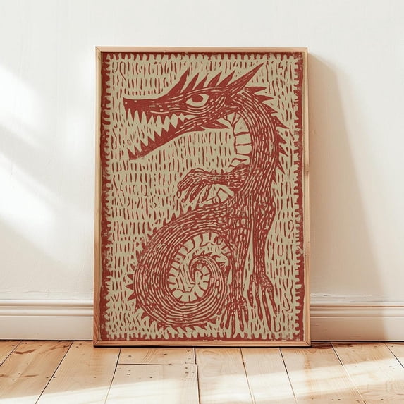 Red Dragon Linocut Print Mythical Creature Wall Art Folk Style Poster ...