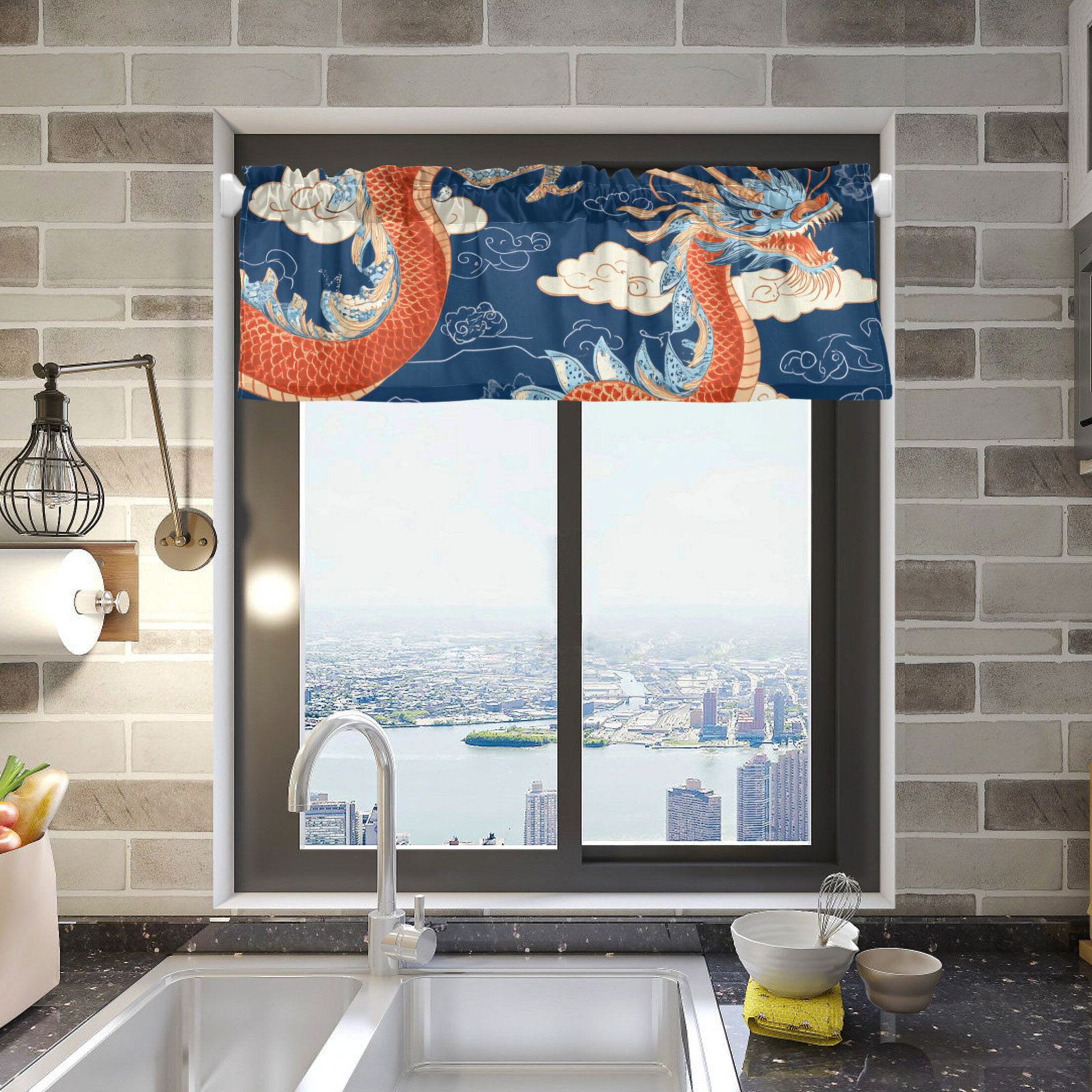 Red Dragon Pattern Curtain Valances for Windows Kitchen Living Room ...