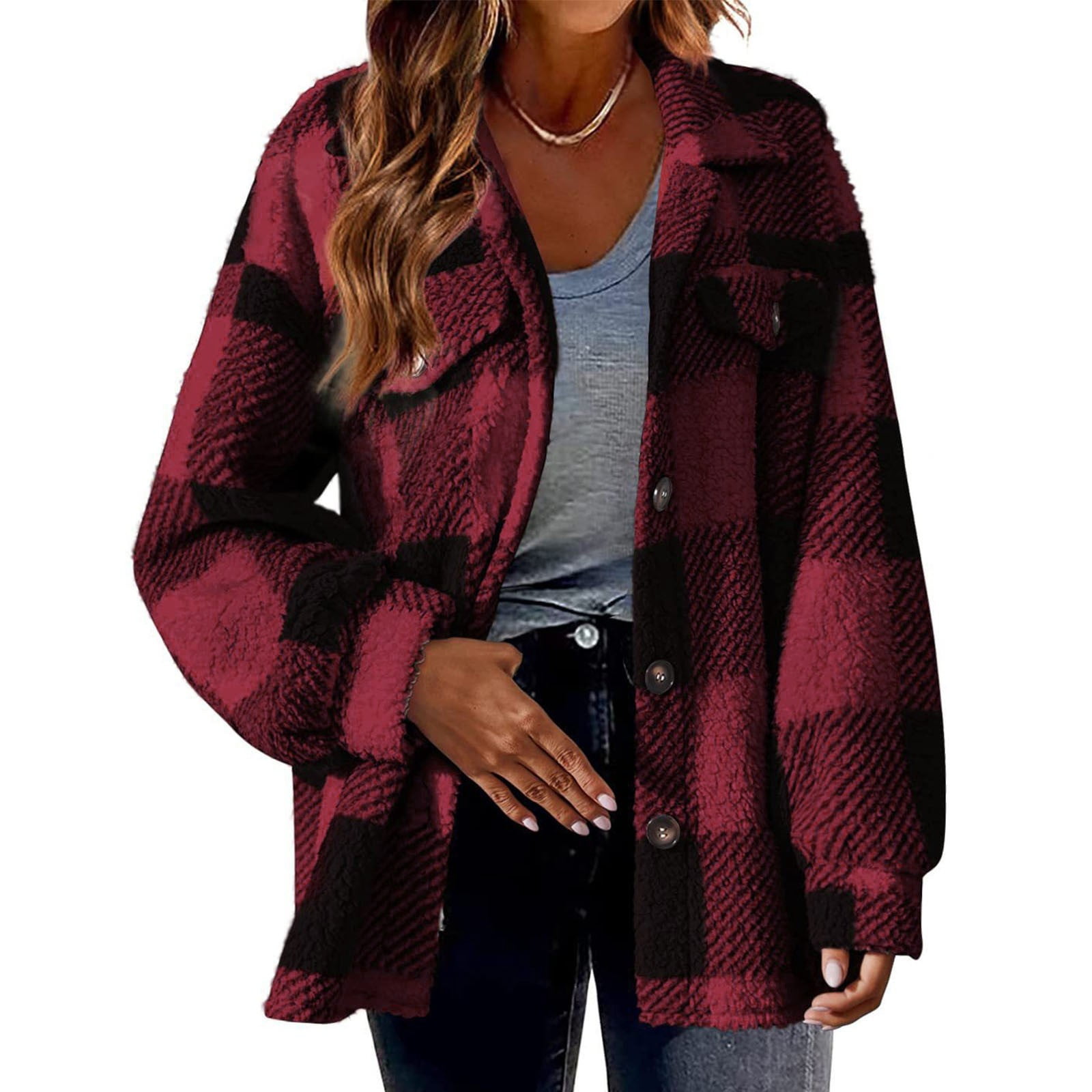 Red Dressy Casual Button for Women Fall Winter High Neck Loose Fit Long ...