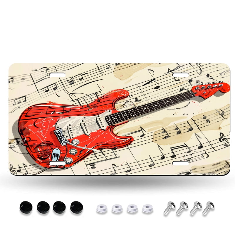 Red Electric Guitar on a Musical Staff Background License Plate Frame ...