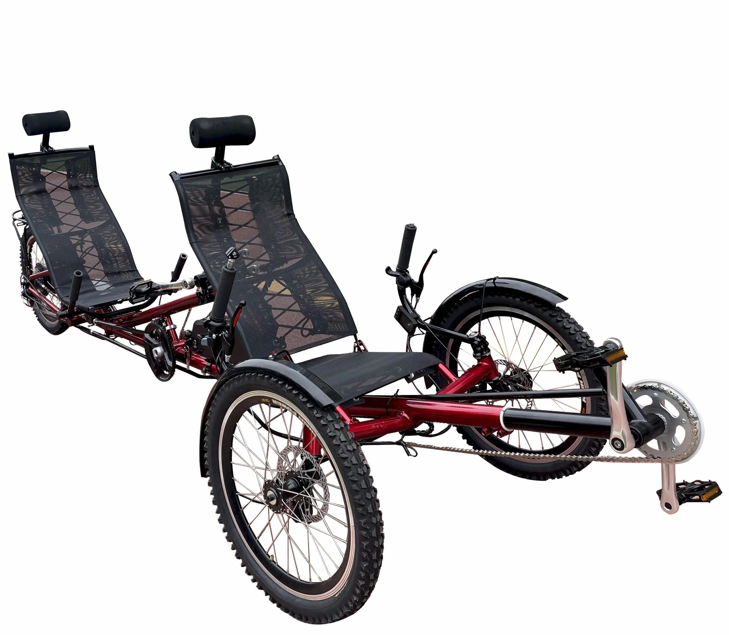 Red Electric Tandem Recumbent Trike for Adults 2 Seater Electric Tricycle Two Person Electric ...