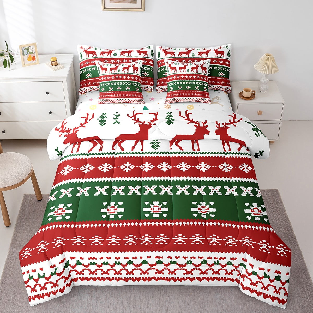 Red Elk Deer Comforter Set 7 Piece Bed in a Bag Twin,Green Christmas ...