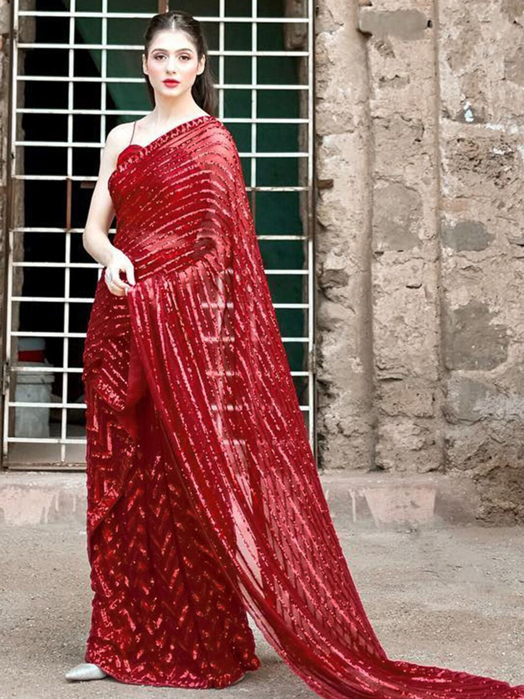 Red Embellished Sequinned Saree - 27685004 - Walmart.com