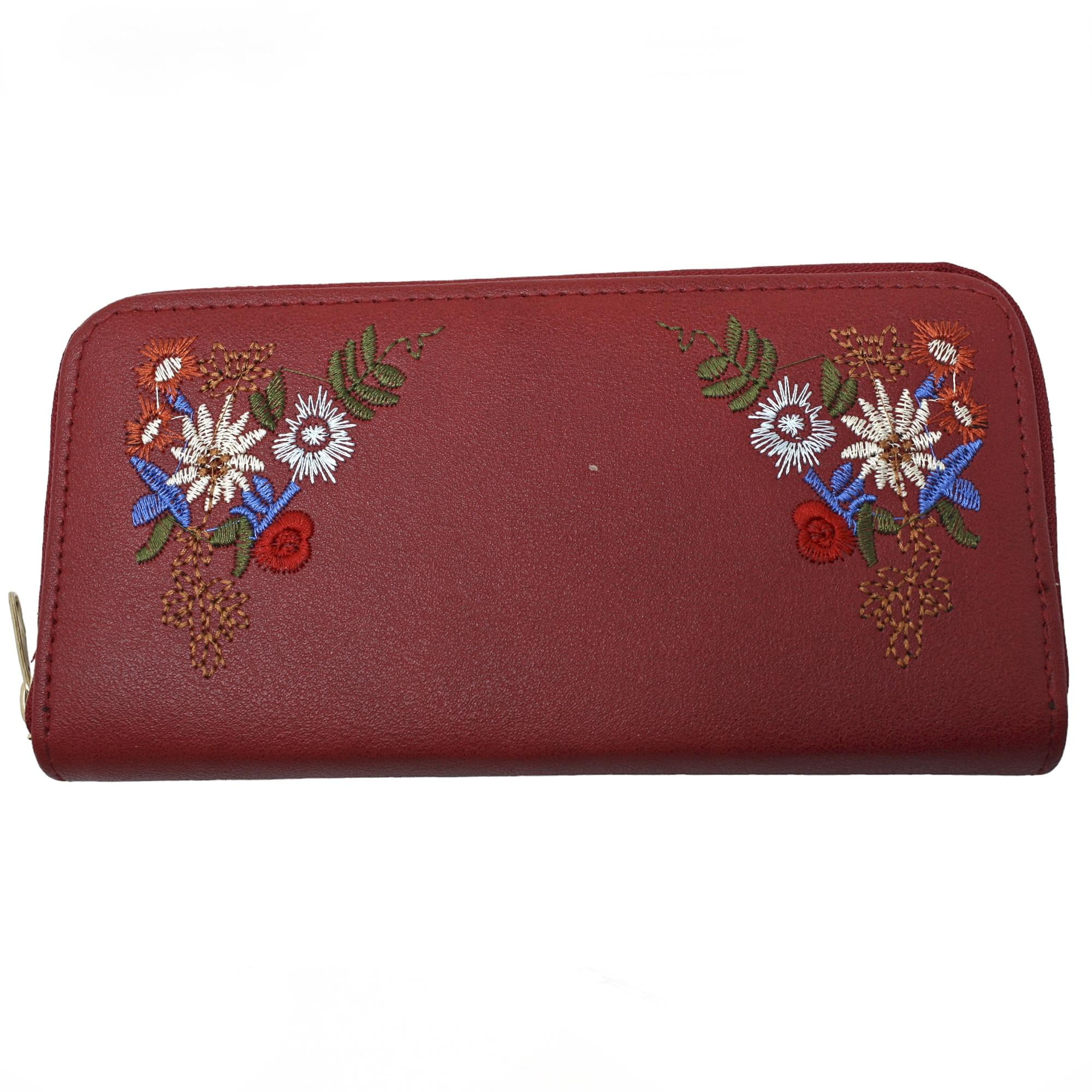 Red Embroidered Flower Zip Wallet Clutch Easy to Hold & Carry 7.5 x4 ...