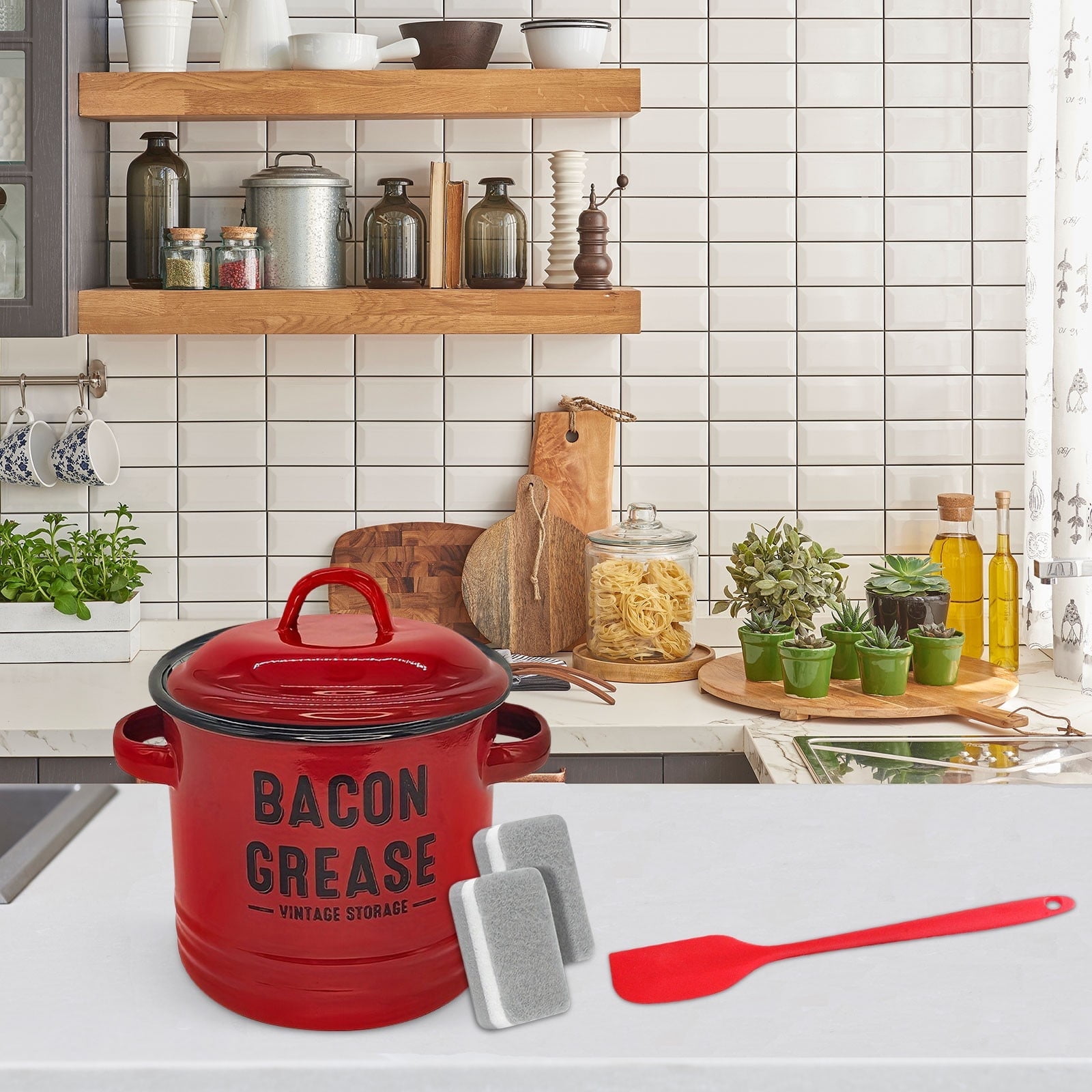 Red Enamel Bacon Grease Container with Strainer, Vintage Farmhouse Fat ...