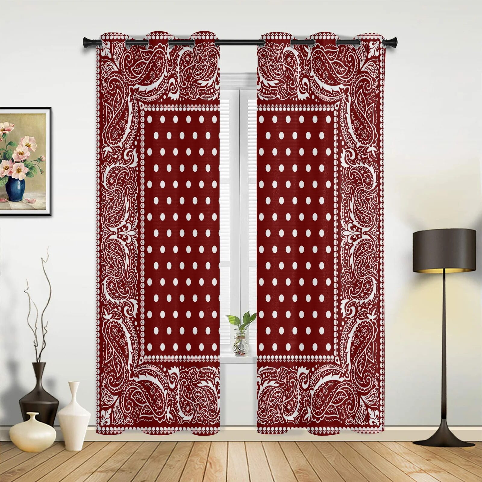 Red Ethnic Wave Dot Pattern Window Curtains for Bedroom Living Room ...