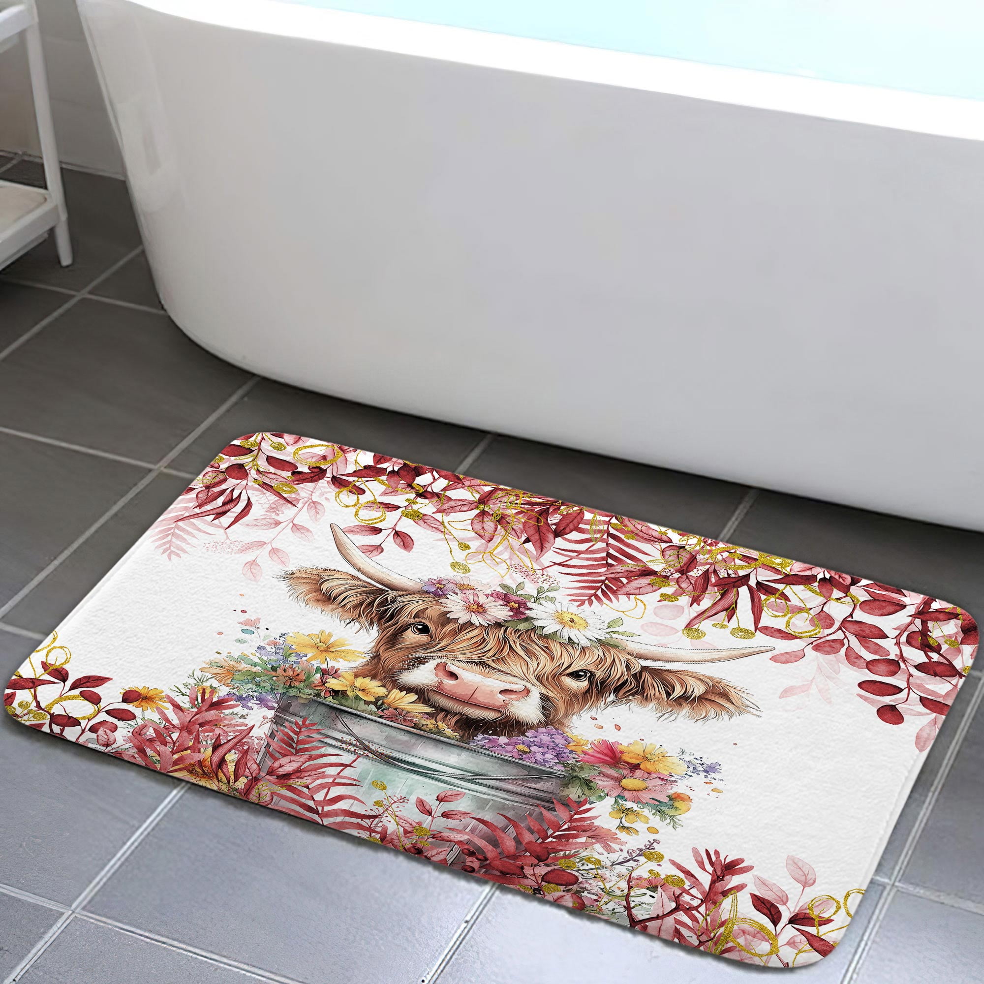 Red Eucalyptus Highland Cow Bath Rugs, Watercolor Plant Leaves Teal ...