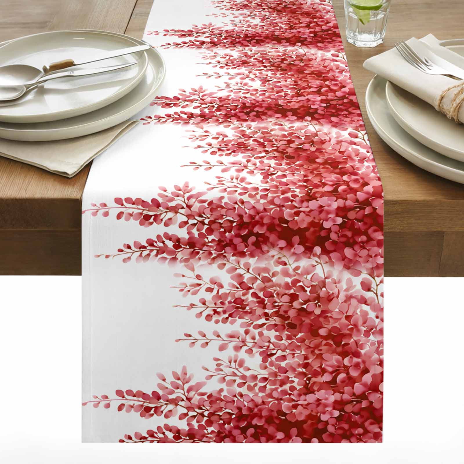 Red Eucalyptus Leaf Cotton Linen Table Runner Spring Leaf Farmhouse ...