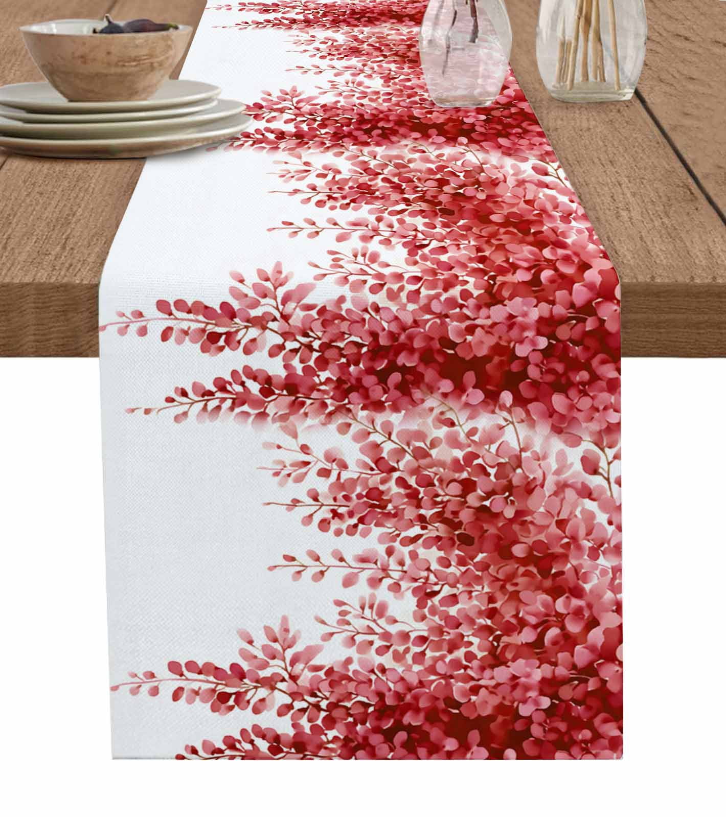 Red Eucalyptus Leaves Burlap Cotton Table Runner 13x70 Inches Long ...