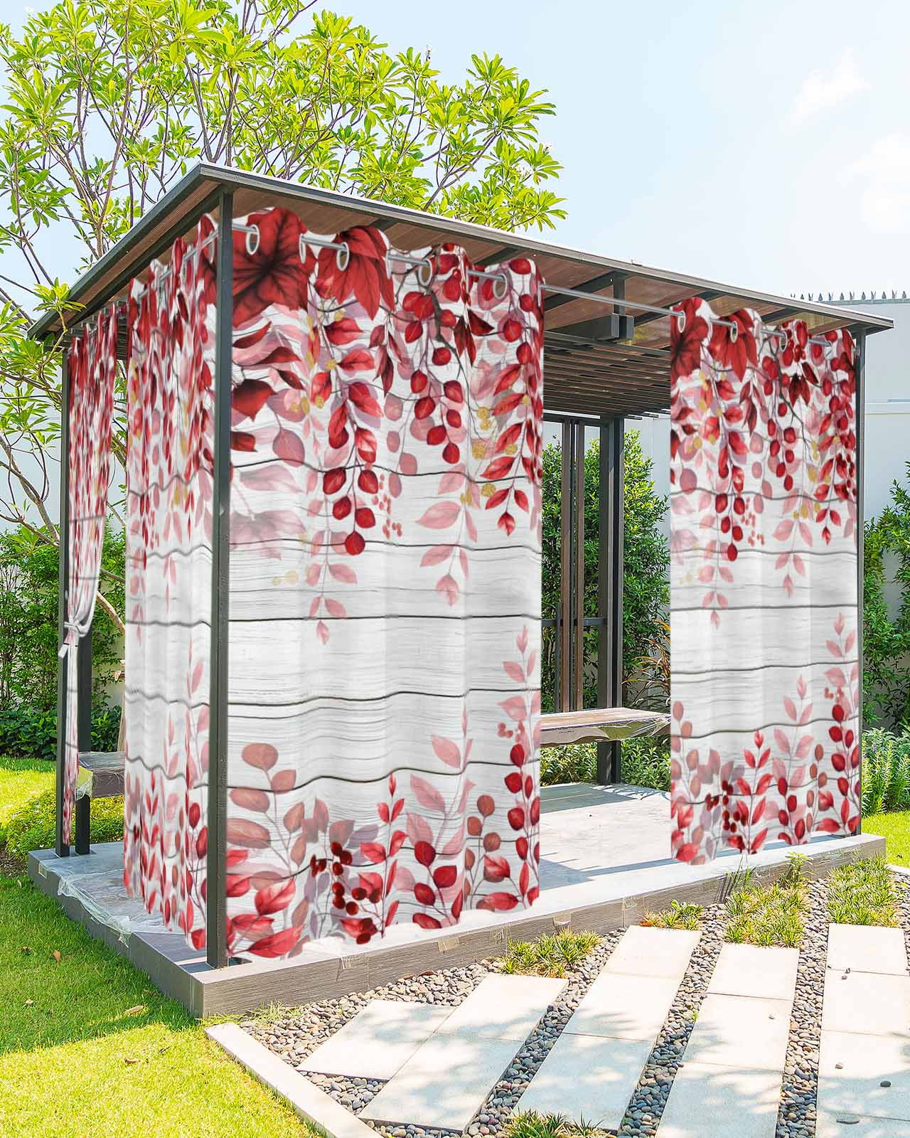 Red Eucalyptus Leaves Outdoor Curtains for Patio, Summer Botanical ...