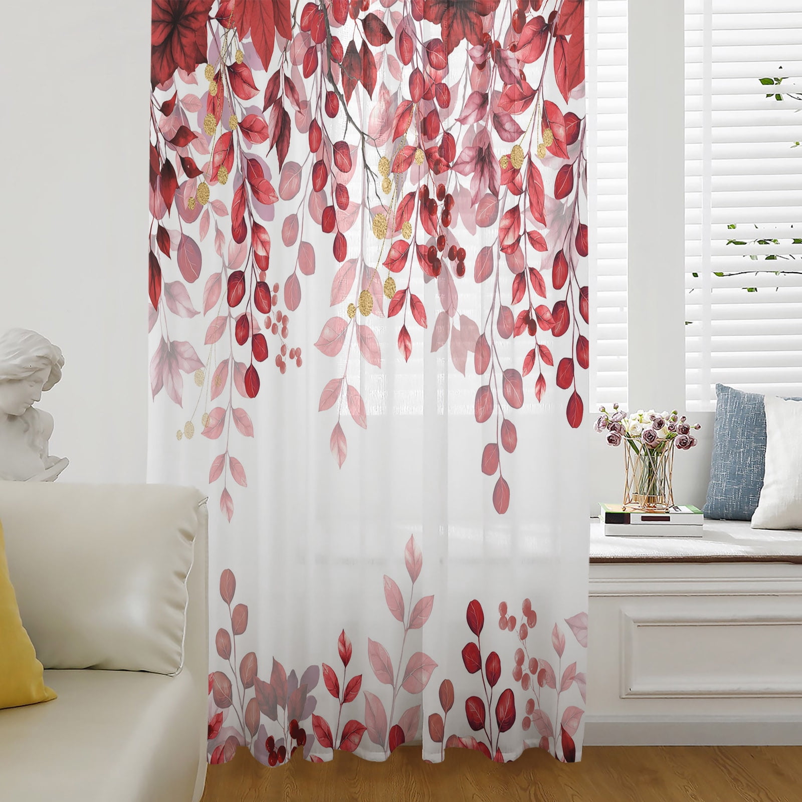 Red Eucalyptus Leaves Sheer Curtains 45 Inch Length, Light Filtering ...
