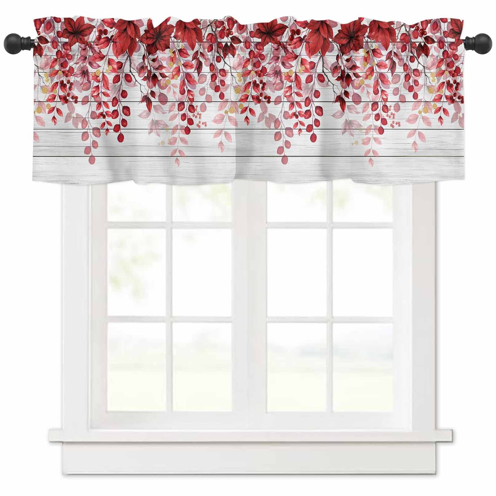 Red Eucalyptus Leaves Valances for Windows Farmhouse Kitchen Curtains ...