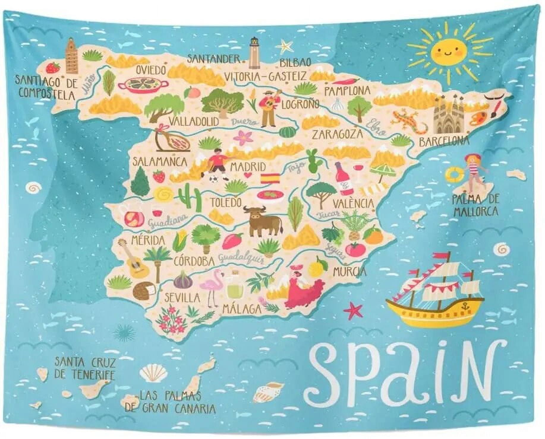 Red Europe Map of Spain Travel with Spanish Landmarks People Food and ...