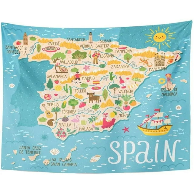 Red Europe Map of Spain Travel with Spanish Landmarks People Food and ...