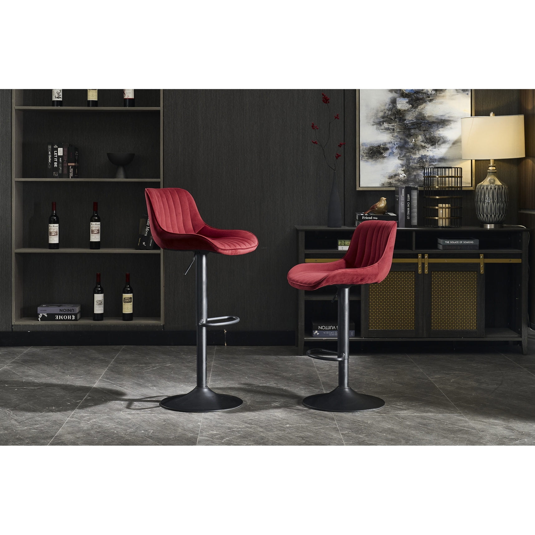 Red Fabric Bar Stools Set of 2, Mechanical Lifting & Chrome Footrest ...