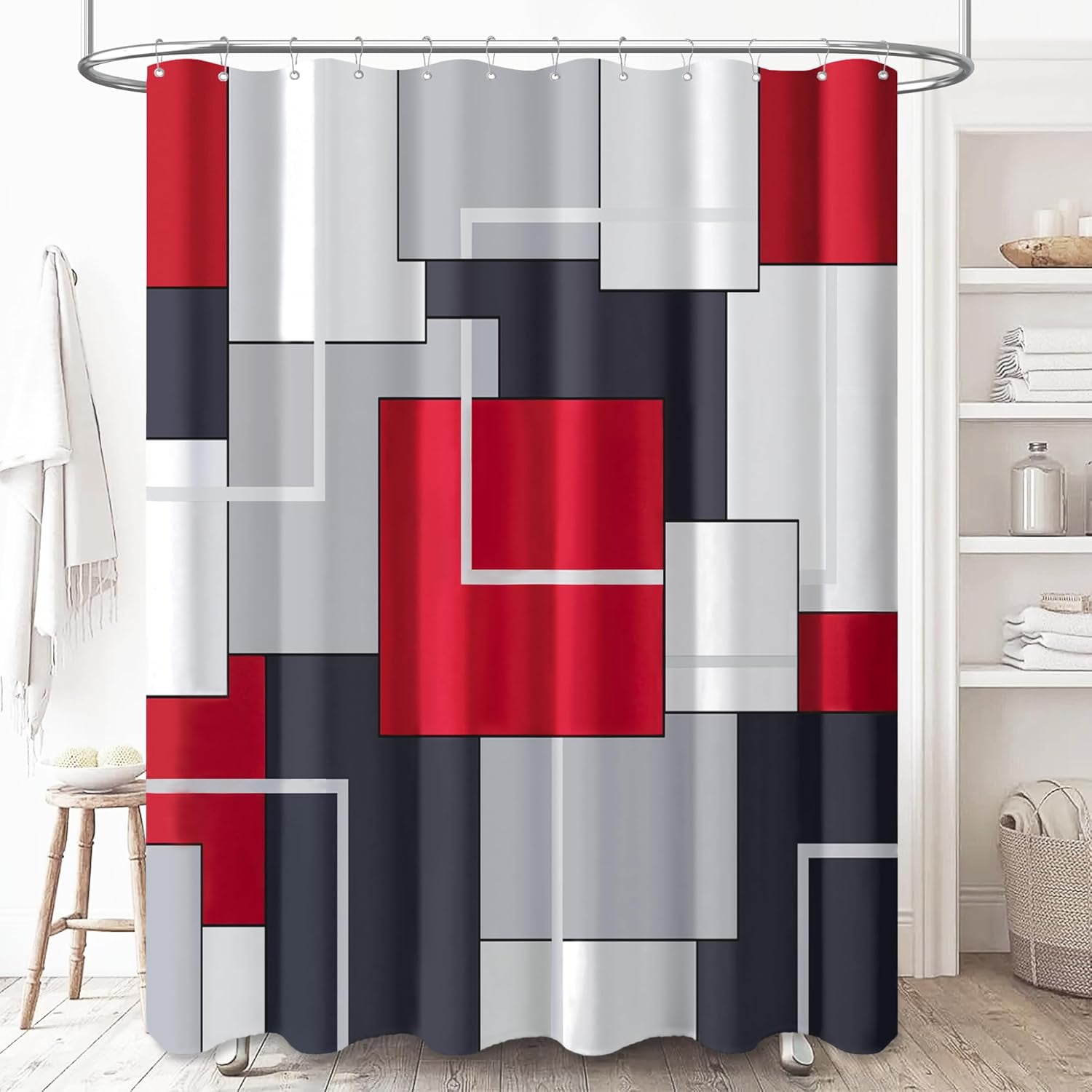 Red Fabric Shower Curtain, Modern Geometric Cloth Shower Curtain Set ...