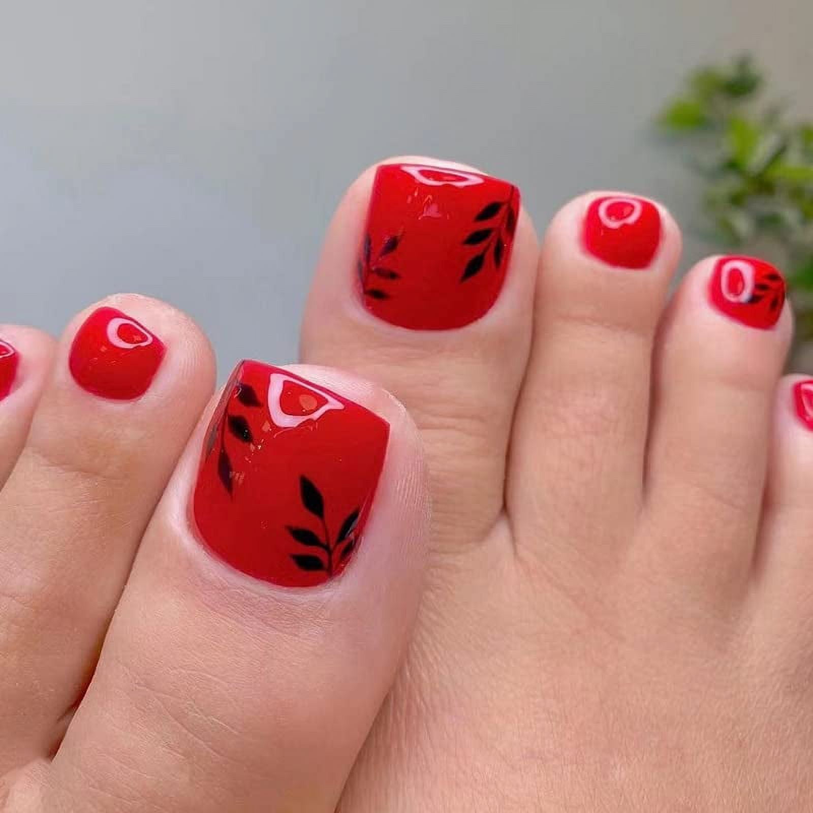 Red Fake Toenails Short Square Press on Toes Nails Tips Glossy with ...