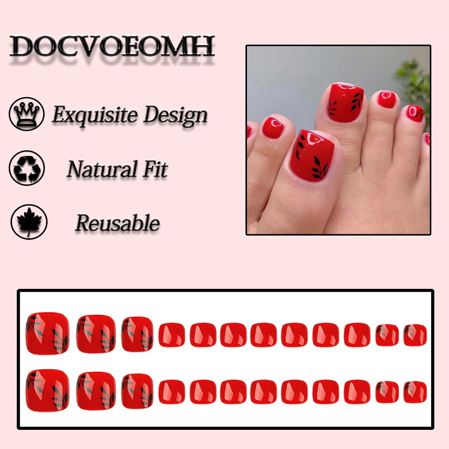 Red Fake Toenails Short Square Press on Toes Nails Tips Glossy with ...
