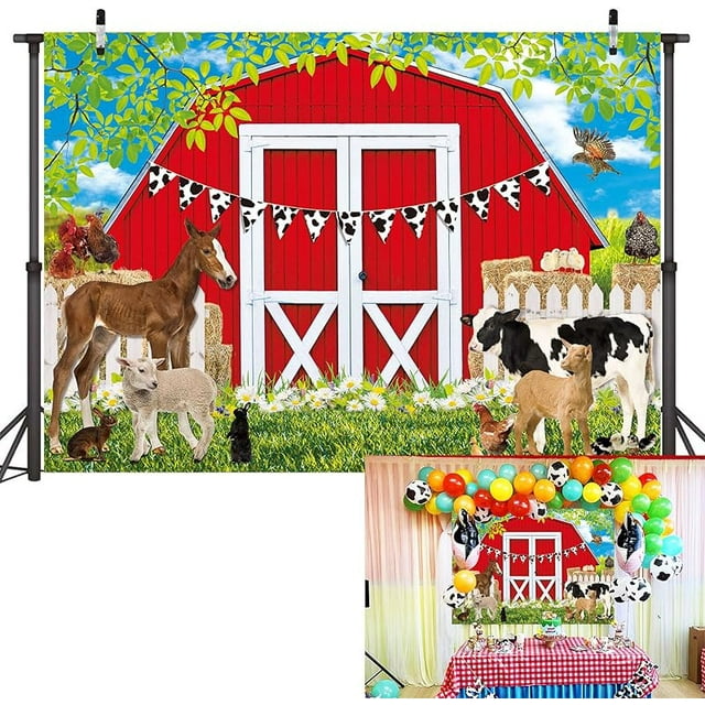 Red Farm Animals Backdrop Barn Door Straw Cow Sheep Horse Chicken ...
