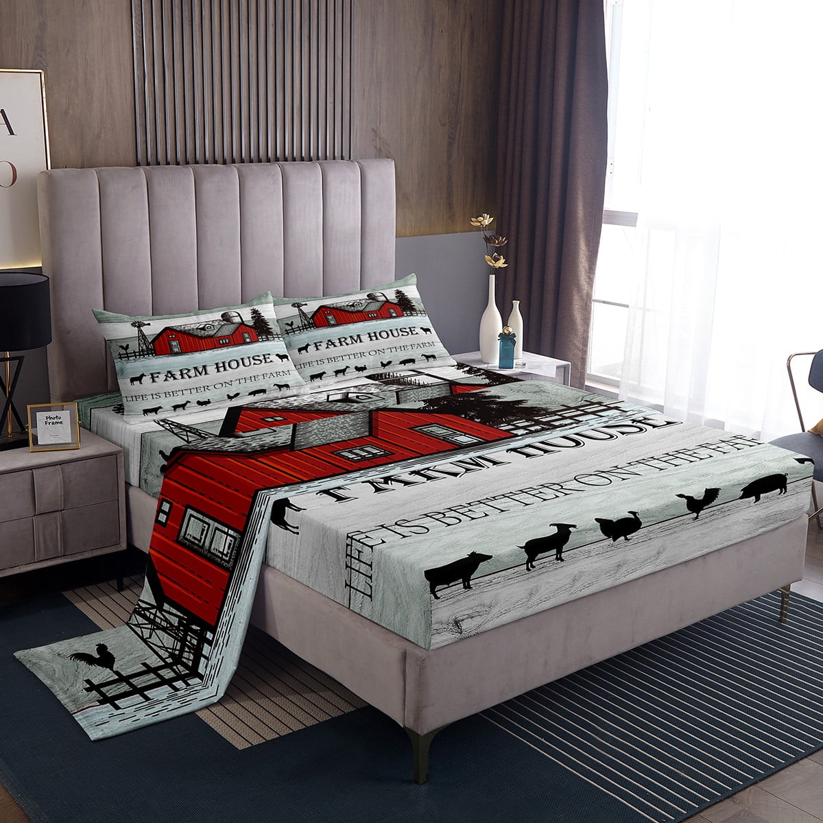 Red Farm House Bed Sheets Set Garden Windmill Sheet Set Queen,Country ...