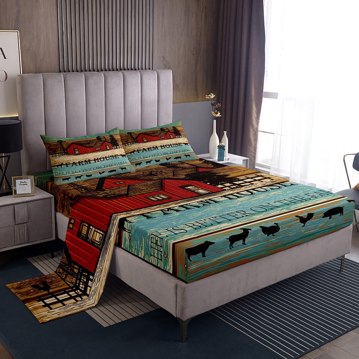 Red Farm House Bed Sheets Set Garden Windmill Sheet Set Twin,Country ...