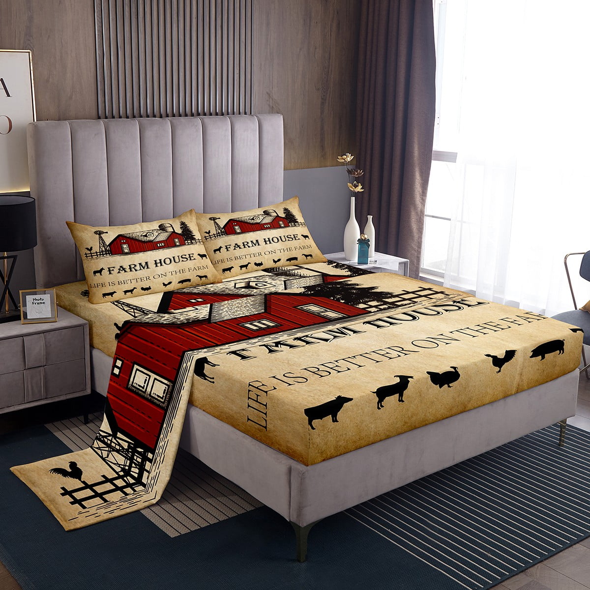 Red Farm House Bed Sheets Set Garden Windmill Sheet Set Twin,Country ...