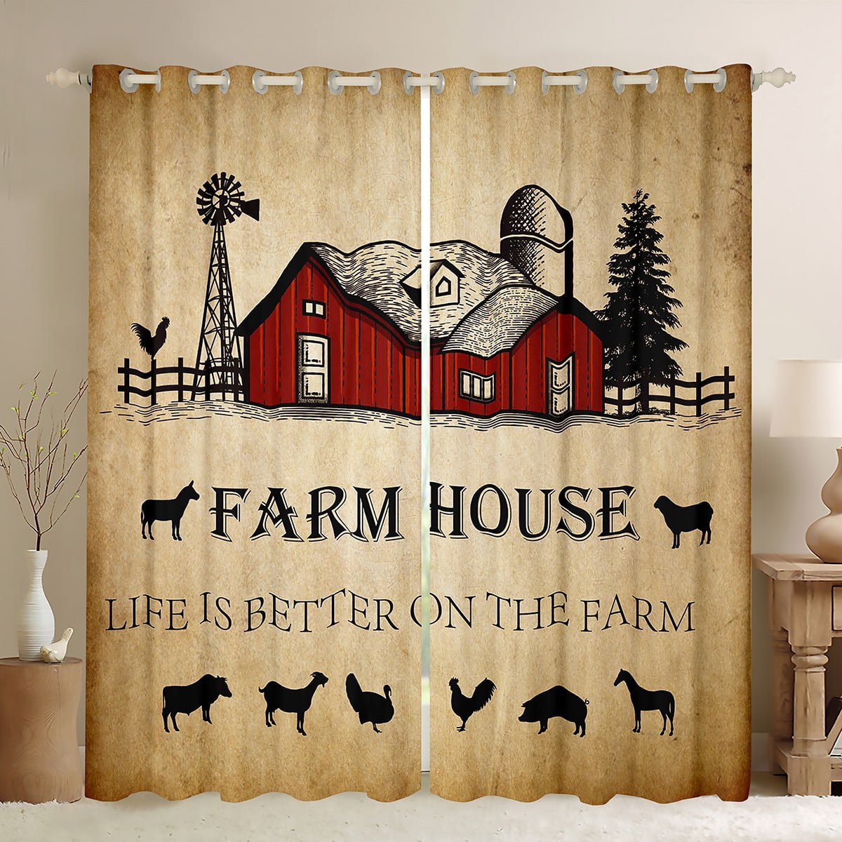 Red Farm House 30%-50% Blackout Curtains Garden Windmill Curtains ...