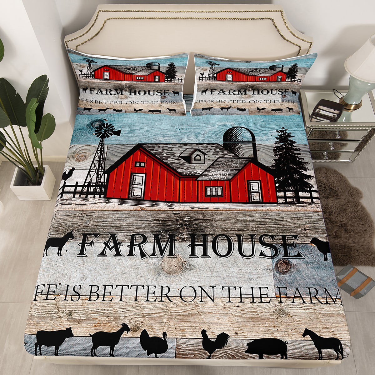 Red Farm House Fitted Sheet Garden Windmill Bed Sheets Twin,Country ...