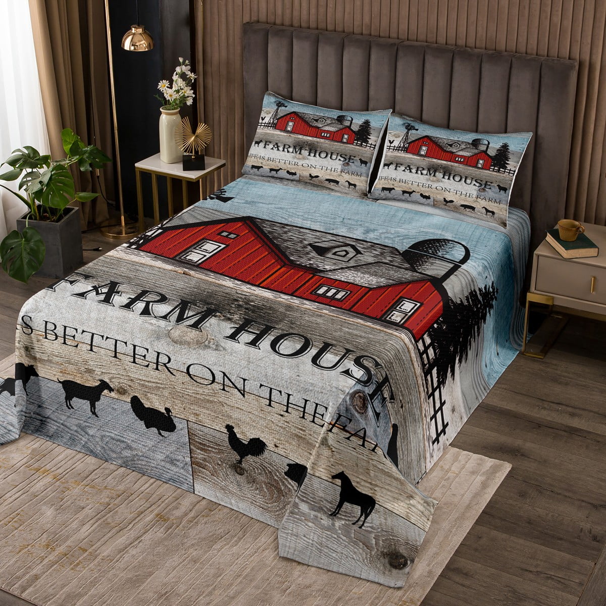 Red Farm House Quilt Set Garden Windmill Bedspread Set Twin,Country ...